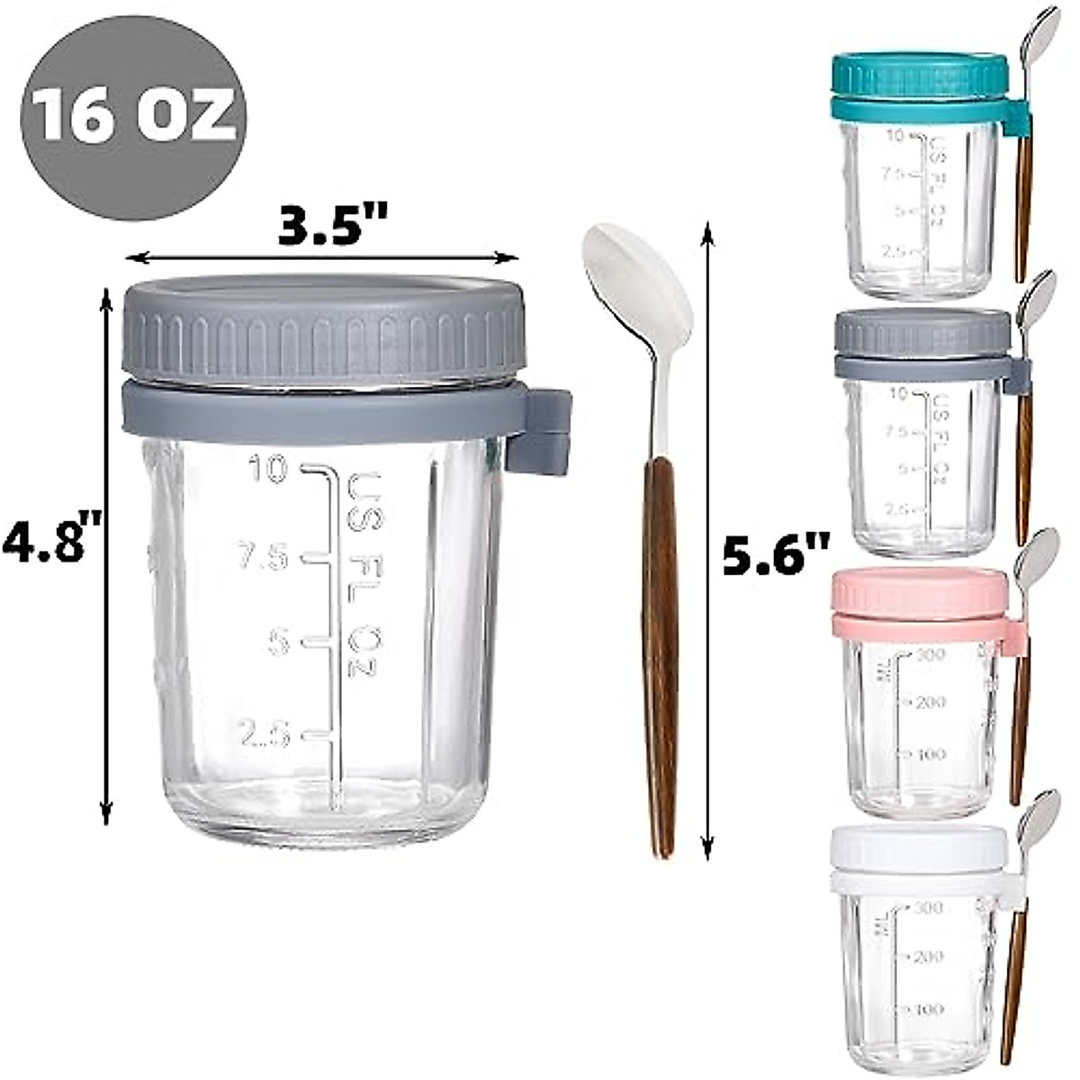 Pumtus 4 Pack Overnight Oats Container with Lid and Spoon, 16 OZ Airtight Glass Mason Oatmeal Jars, On The Go Meal Prep Jars with Measurement Marks for Milk, Cereal, Fruit, Breakfast
