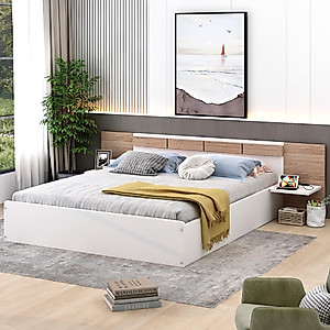 TURRIDU Queen Bed Frame with Storage, Bed Frame Queen Size with 2 Side Shelves, Outlets and USB Ports, Queen Size Platform Bed Frame with Wood Slats Support for Bedroom, Guest Room,White
