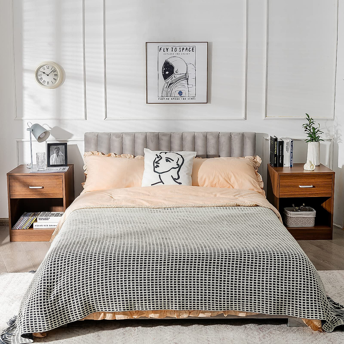 Giantex Walnut Nightstand Set of 2, Farmhouse Bedside Table with Drawer and Open Storage Cabinet, Wood Night Stand, 2-Tier Sofa Side Table for Bedroom Office, Walnut