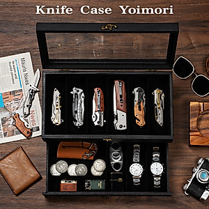Yoimori Knife Display Case for 9-15 Knives, 2-Layer Pocket Knife Case with Glass Lid & Drawer, Wood Knife Cases for Collections for Men Gift Ideas (Black)