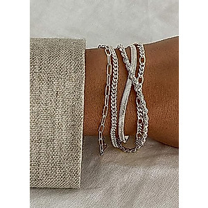 DEARMAY Sterling Silver Chain Bracelets for Women Trendy Silver Jewelry Set for Women Cuban Link Bracelets Figaro Paperclip Rope Herringbone Bracelet Pack Gifts for Women Girls