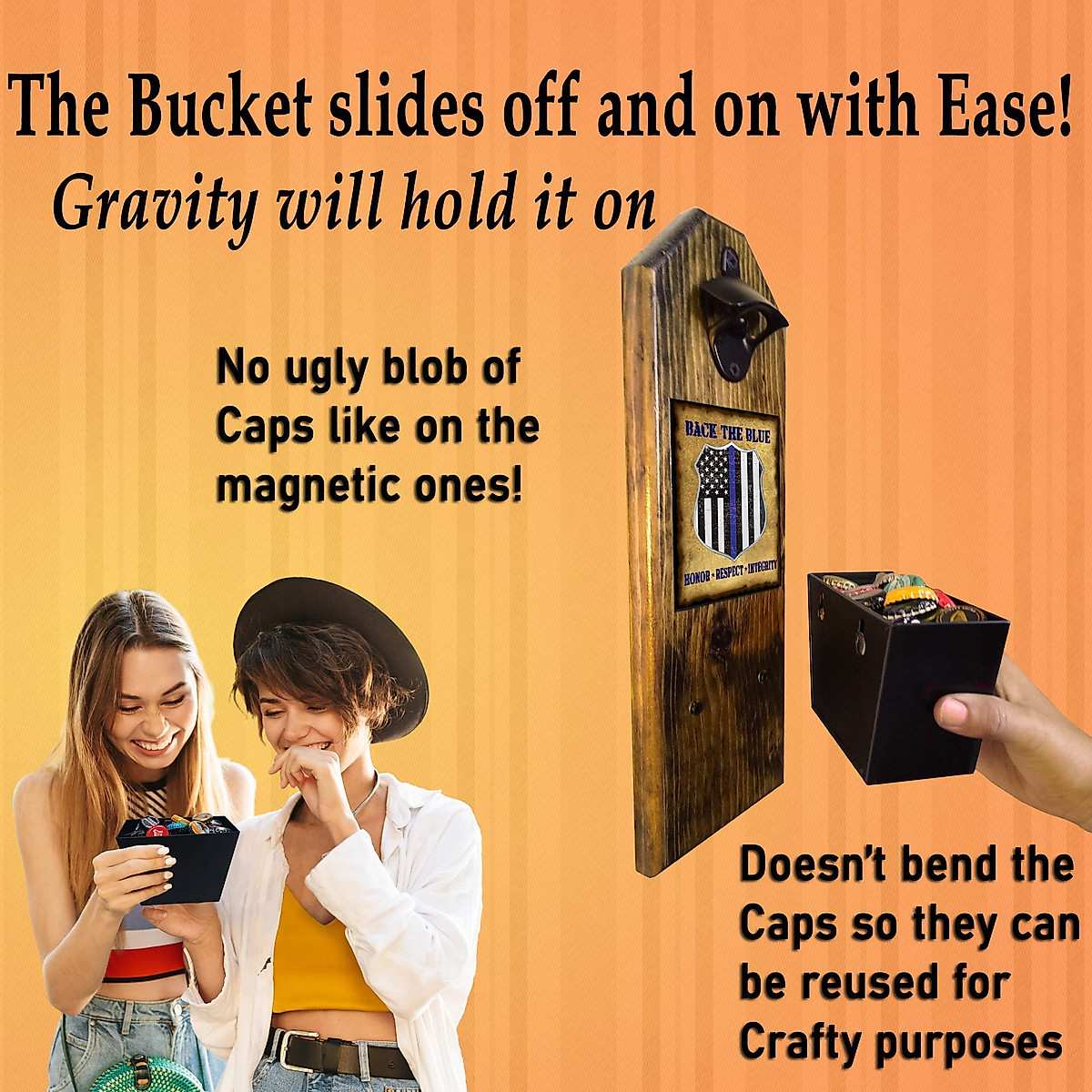 Back the Blue - Law Enforcement - Bottle Opener and Cap Catcher - Handcrafted by a Vet - 100% Solid Pine 3/4" Thick - Unique Rustic Sign, Wall Mounted - Thin Blue Line - Police - Great Gift