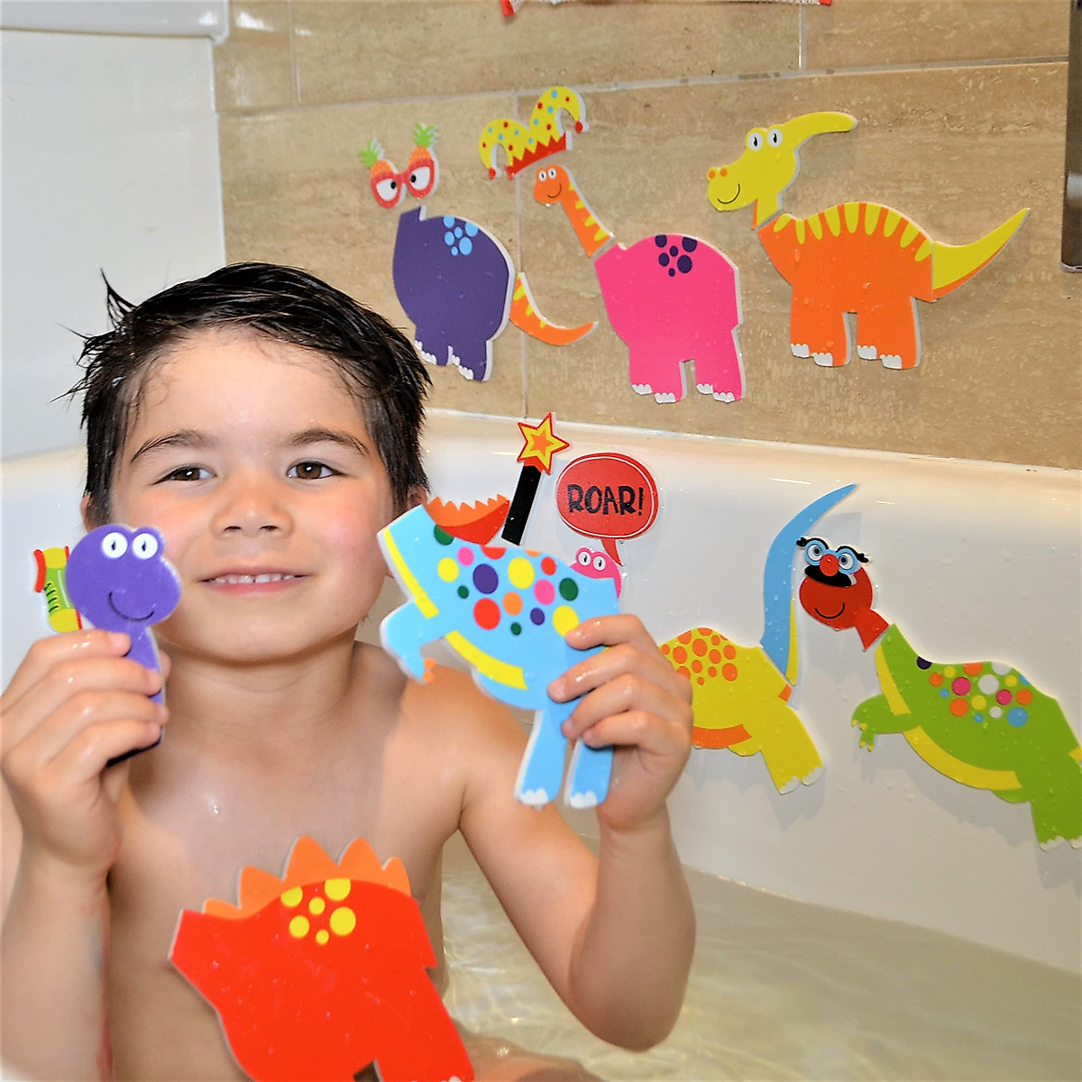 BUDDY & BARNEY Weird & Wonderful Dinosaurs Bath Stickers, Dinosaur Foam Stickers Bath Toy for Children 3+, Pack of 33 Reusable Dino Stickers, Bathtub, Tub, Shower, Boys, Girls, Kids