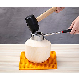 Coconut Opener Tool Set, Food Grade Stainless Steel Coco Opener Kit for Coconut Young & Mature, Coconut Shell Puncher Knife, Rubber Hammer with Wood Handle, Silicone Mat Shockproof
