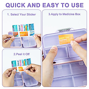 Goffing Travel Pill Organizer Box with Medicine Labels, 7 Compartments Portable Pill Case, Daily Medication Organizer Storage Pill Container for Pocket Pharmacy(Purple, L)