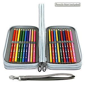 YOUSHARES 72 Slots Pencil Case - PU Leather Handy Multi-layer Large Zipper Pen Bag with Handle Strap for Colored / Watercolor Pencil (Gray)