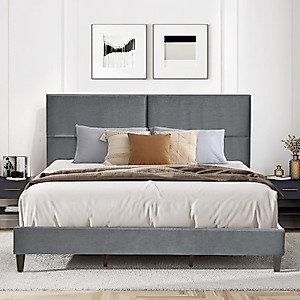 Zeelovtress Queen Size Bed Frame with Adjustable Headboard, Upholstered Platform Bed, Velvet Bedframe Mattress Foundation, Strong Wooden Slat Support, Easy Assembly, No Box Spring Needed, Silver Grey