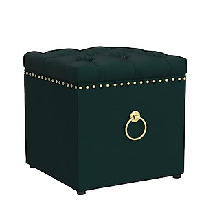 Ella Velvet Cube Storage Ottoman w/ Knob Gold Nailhead Trim, 1 Piece, Hunter Green