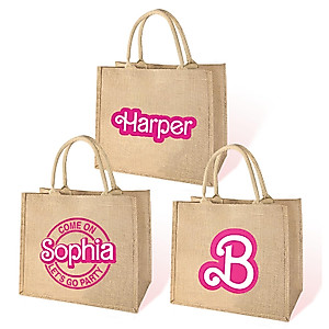 callie Personalized Tote Bag for Girls Women, Custom Reusable Travel Shopping Beach Jute Pink Bag with Name, Bridal Bridesmaid Party Birthday Gifts, 1 Pack