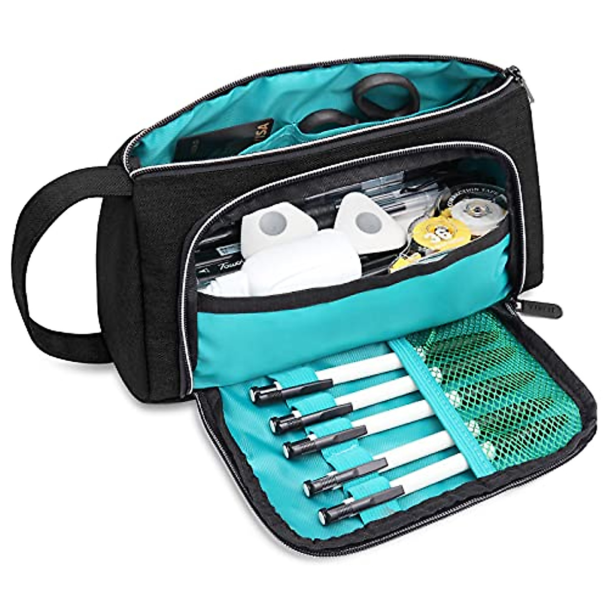 JEMIA Multi Compartments Collection 3 Independent Zipper Compartments with Handle Strap Pencil Case (Black, Polyester)