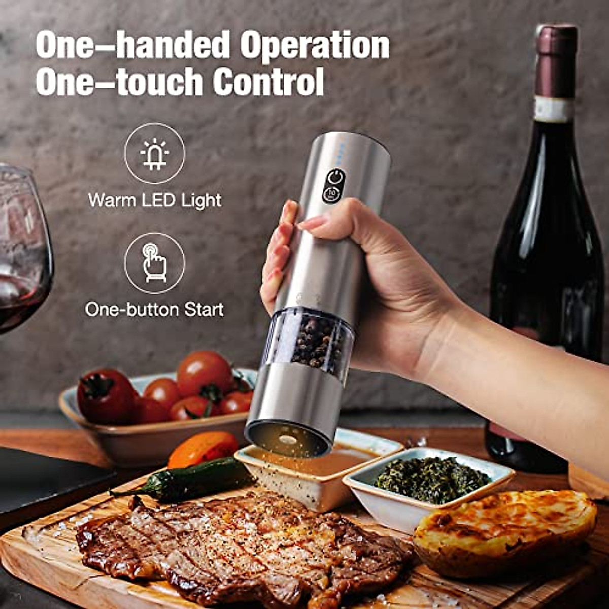 Gravity Electric Salt and Pepper Grinder Set, Automatic Upgraded Pepper and Salt Mill with Charging Base, Adjustable Coarseness and LED Light, One Hand Operation (Silver)