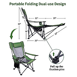 NURTUDIS Camping Lounge Chair, Portable Camping Chair with Footrest, Folding Reclining Camping Chair,Storage Bag & Headrest, Mesh Recliner, 330lbs Weight Capacity (Green)