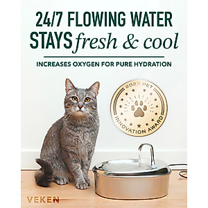 Veken Innovation Award Winner - 85oz/2.5L Oval Stainless Steel Pet Fountain, Automatic Cat and Dog Water Dispenser for Cats, Dogs, Cat Water Fountain, Multiple Pets