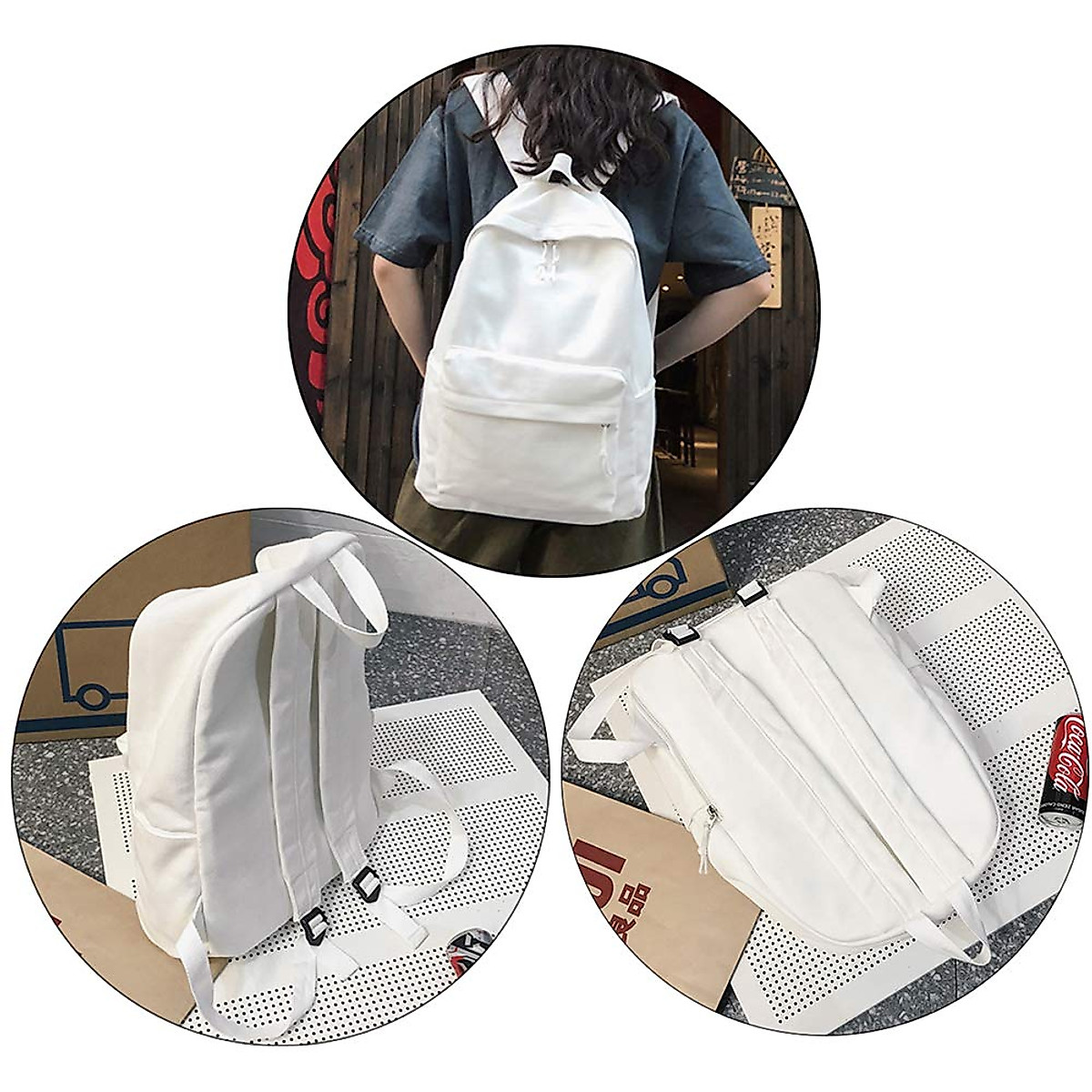Jesdo DIY Canvas Backpack Large Casual Daypack Satchel (White with Side Pockets)