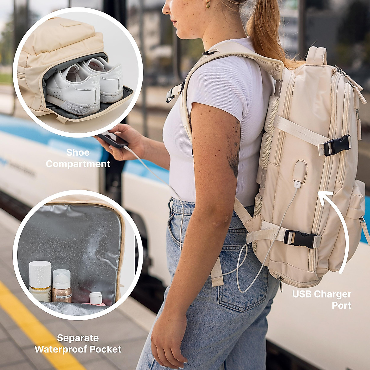 (Not Made In China) Travel Backpack For Men and Women, Airline Approved Carry On Bag w/Shoe Compartment, Holds 15.6" Laptop Computer, USB Charging Port (Amerigo, Beige,1 Pack)