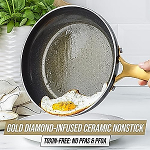 Blue Diamond Gold 10 Piece Cookware Set,Ceramic Nonstick, PFAS Free, PFOA Free, Induction Suitable, Dishwasher Safe, Gold Handle, Black