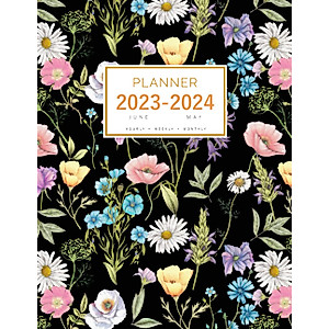 Planner June 2023-2024 May: 8.5 x 11 Large Notebook Organizer with Hourly Time Slots | Herb Wildflower Garden Design Black