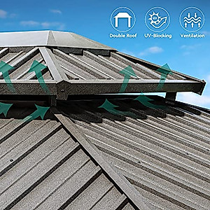 YITAHOME 12x20ft Hardtop Gazebo with Nettings and Curtains, Wood Grain Heavy Duty Double Roof Galvanized Steel Outdoor Combined of Vertical Stripes Roof for Patio, Backyard, Deck, Lawns, Brown