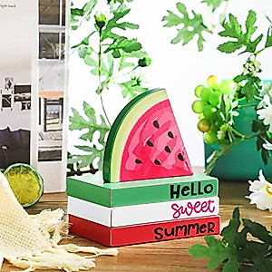 4 Piece Summer Tiered Tray Decor Wooden Watermelon Book Table Centerpieces Farmhouse Hello Sweet Summer Watermelon Stacked Book Decor Summer Decoration for Home Shelf Kitchen Party Decoration