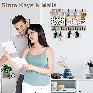 QILICHZ Key and Mail Holder for Wall,Decorative Key Holder Wall Mount,Wood Key Holder for Wall,Farmhouse Mail Key Organizer 13 Key Hooks,Rustic Key Hanger Wall Mount for Mail Envelope Letter Key,White