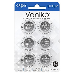 Voniko 3 Volt 2016 Battery 6 Pack – Button Cell 2016 Batteries – Lithium CR2016 3 Volt Coin Battery – Child-Protection Packaging, 7 Years Shelf Life