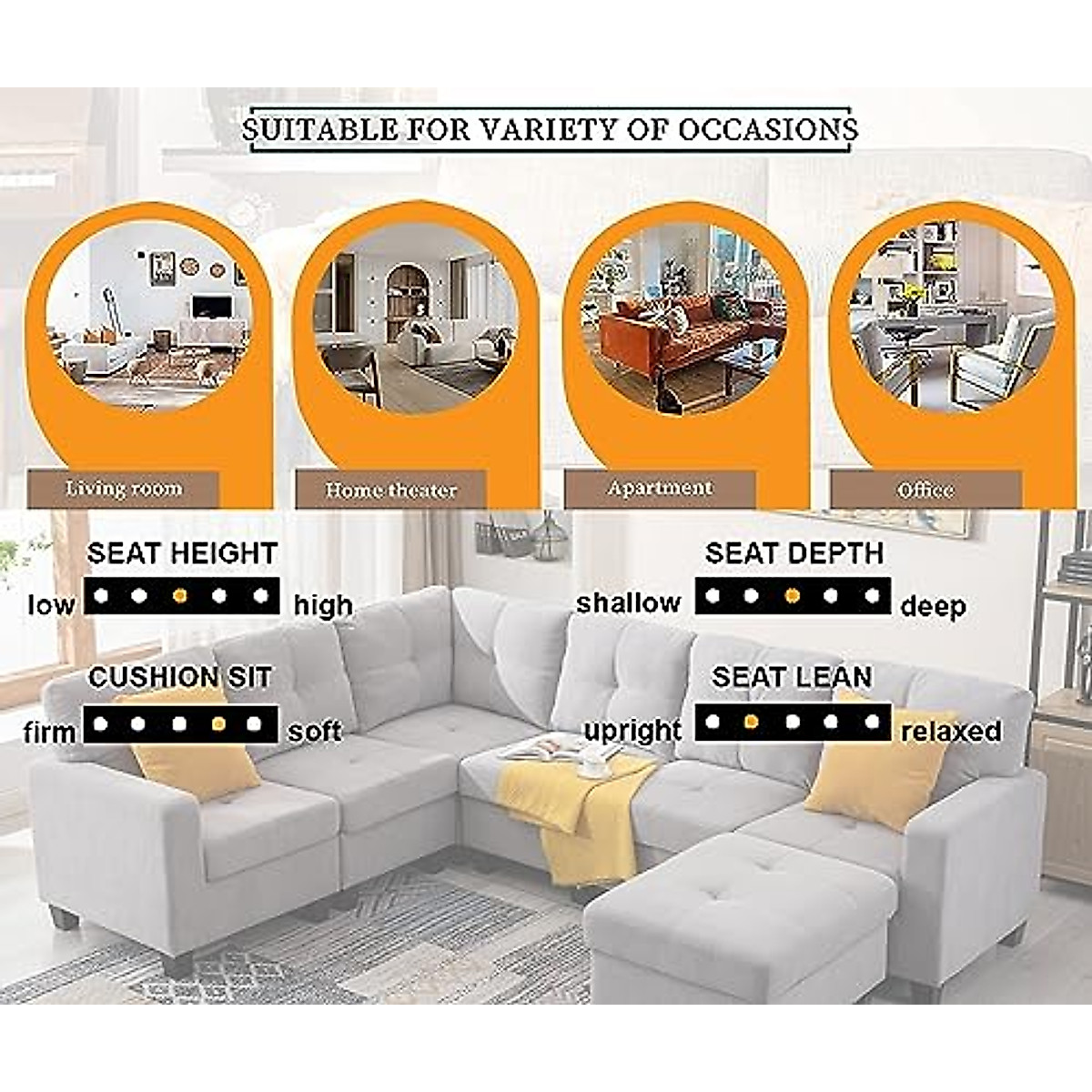 asunflower Modular Sectional Sofa with Storage Ottman 6 Seater Modular Couch Furniture Set for Living Room Velvet Corner Sectional Couch for Home & Office, Small Spaces, Grey