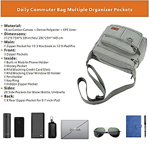 Anti-theft Crossbody Bag, Rfid Messenger Bag with Water Bottle Holders, 13 inch Shoulder Laptop Bag W/Built-in Wallet for Work, Travel, Tool, Commute, Camera, Grey