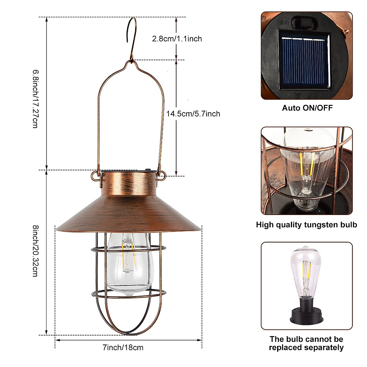 NINXIAO 2 Pack Solar Lantern lamp Outdoor Metal Solar Hanging Lamp LED Lights with Warm White Edison Bulb Design for Patio Garden Yard Porch Pathway (Copper)