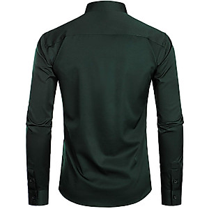 ZEROYAA Men's Banded Collar Slim Fit Long Sleeve Casual Button Down Dress Shirts with Pocket ZLCL09 Deep Forest Green Large