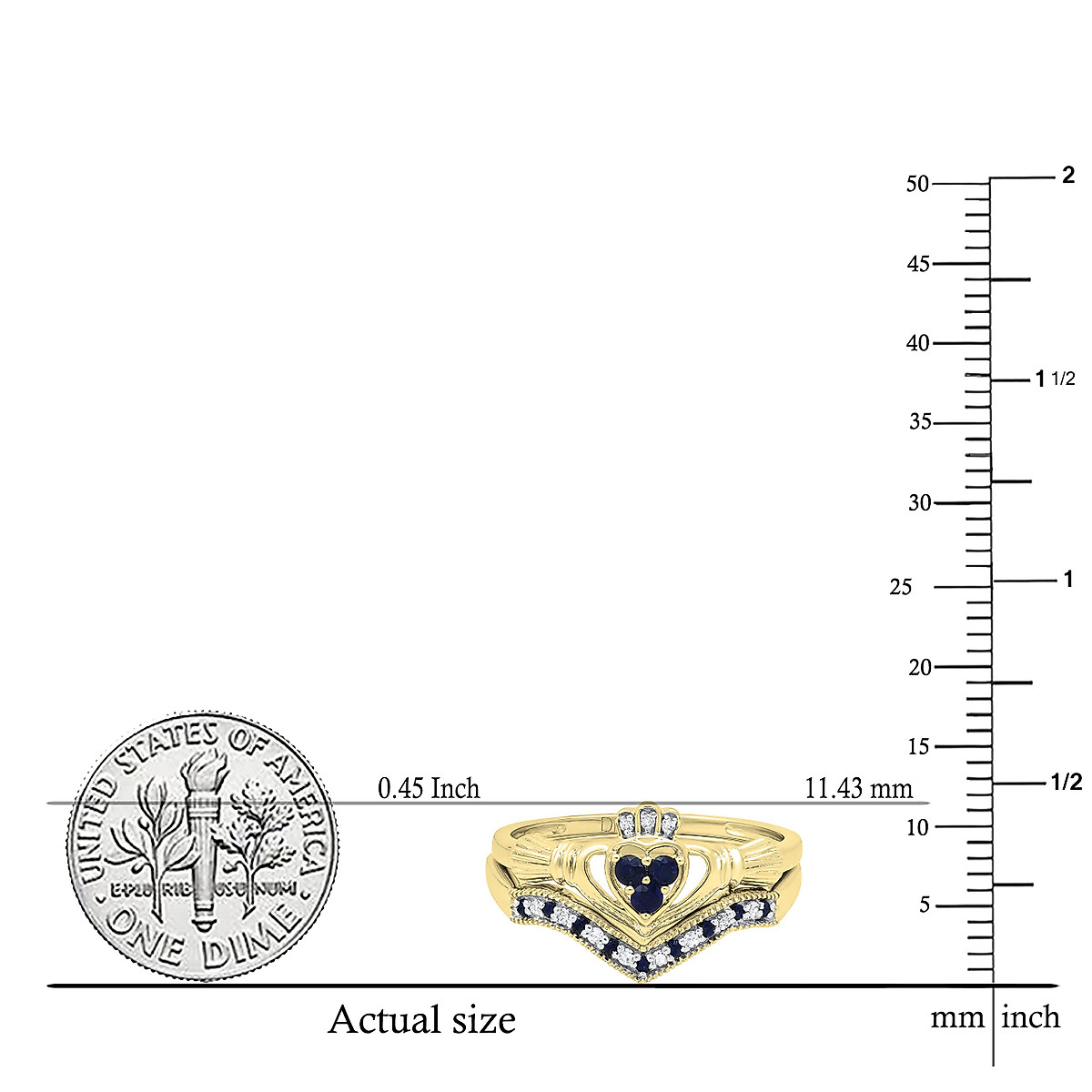 Dazzlingrock Collection 10K Round White Diamond & Blue Sapphire Bridal Heart Shape Engagement Set, Yellow Gold, Size 9
