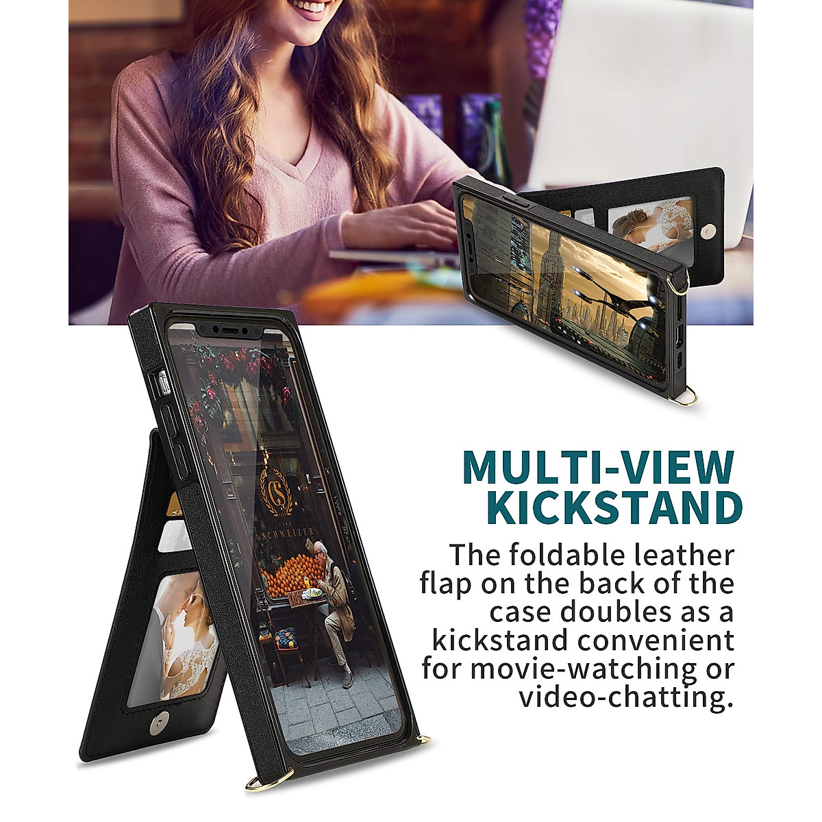 iPhone 11 case,Crossbody Wallet Case Leather with Card Holder,Kickstand,Magnetic Closure Flip Folio Zipper Purse,Adjustable Removable Strap,Square Corners Protective Back Cover for iPhone 11-Black