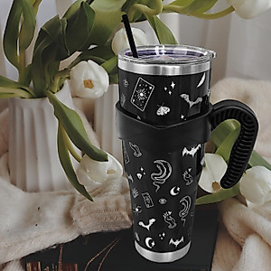 Goth Black 40 Oz Tumbler with Handle and Straw, Large Big Stainless Steel Vacuum Insulated Tumbler Iced Coffee Cup Water Bottle Travel Mug, Witchy Gothic Gifts Decor Accessories Stuff, Halloween Gifts