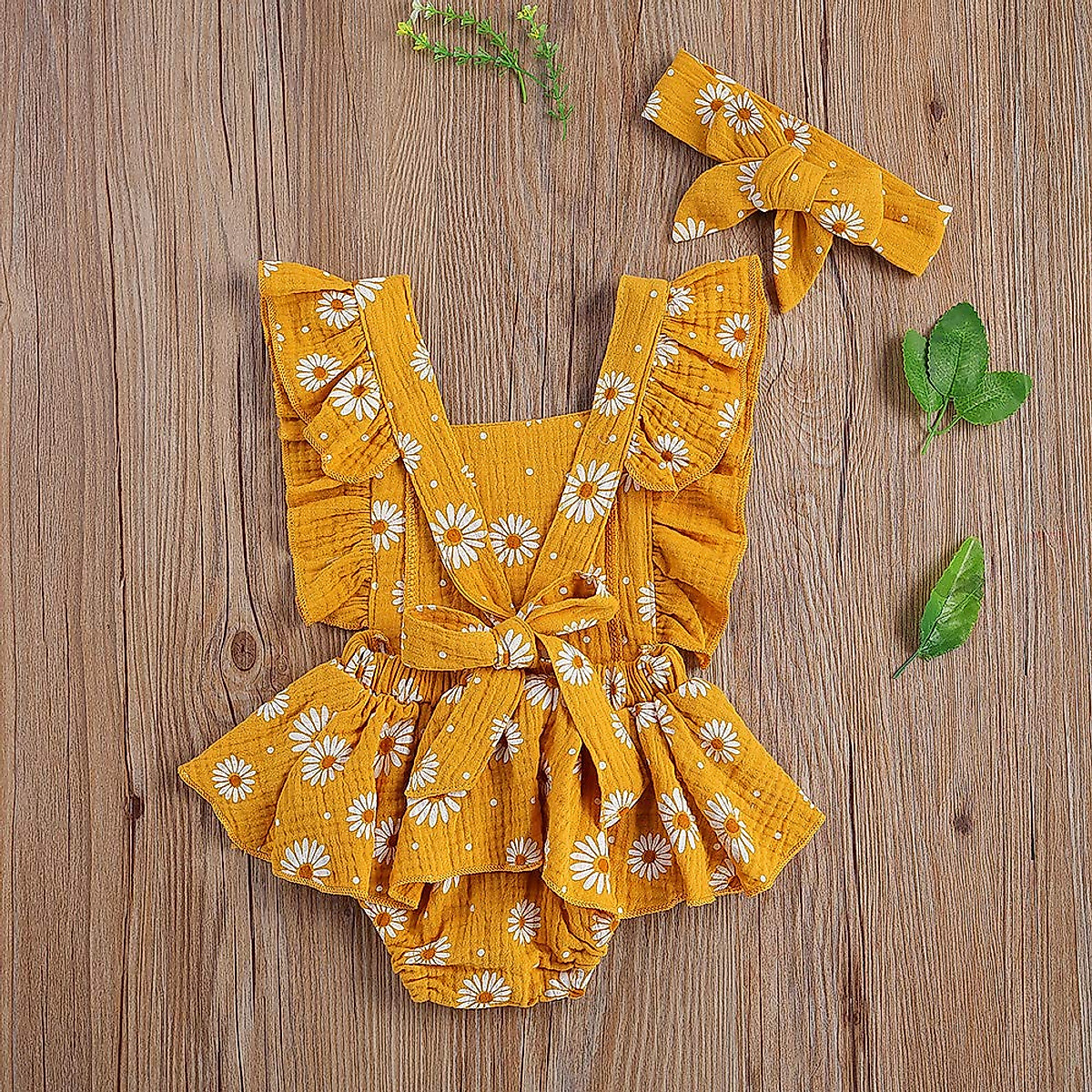 Yoawdats Infant Girls Clothes Baby Bodysuits Cotton Linen Rompers for Girls 2PCS Summer Outfits with Headband (Yellow, 0-6 Months)