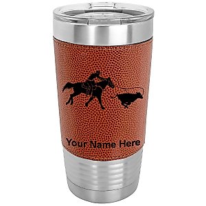 LaserGram 20oz Vacuum Insulated Tumbler Mug, Cowgirl Roping a Calf, Personalized Engraving Included (Faux Leather, Basketball Style)
