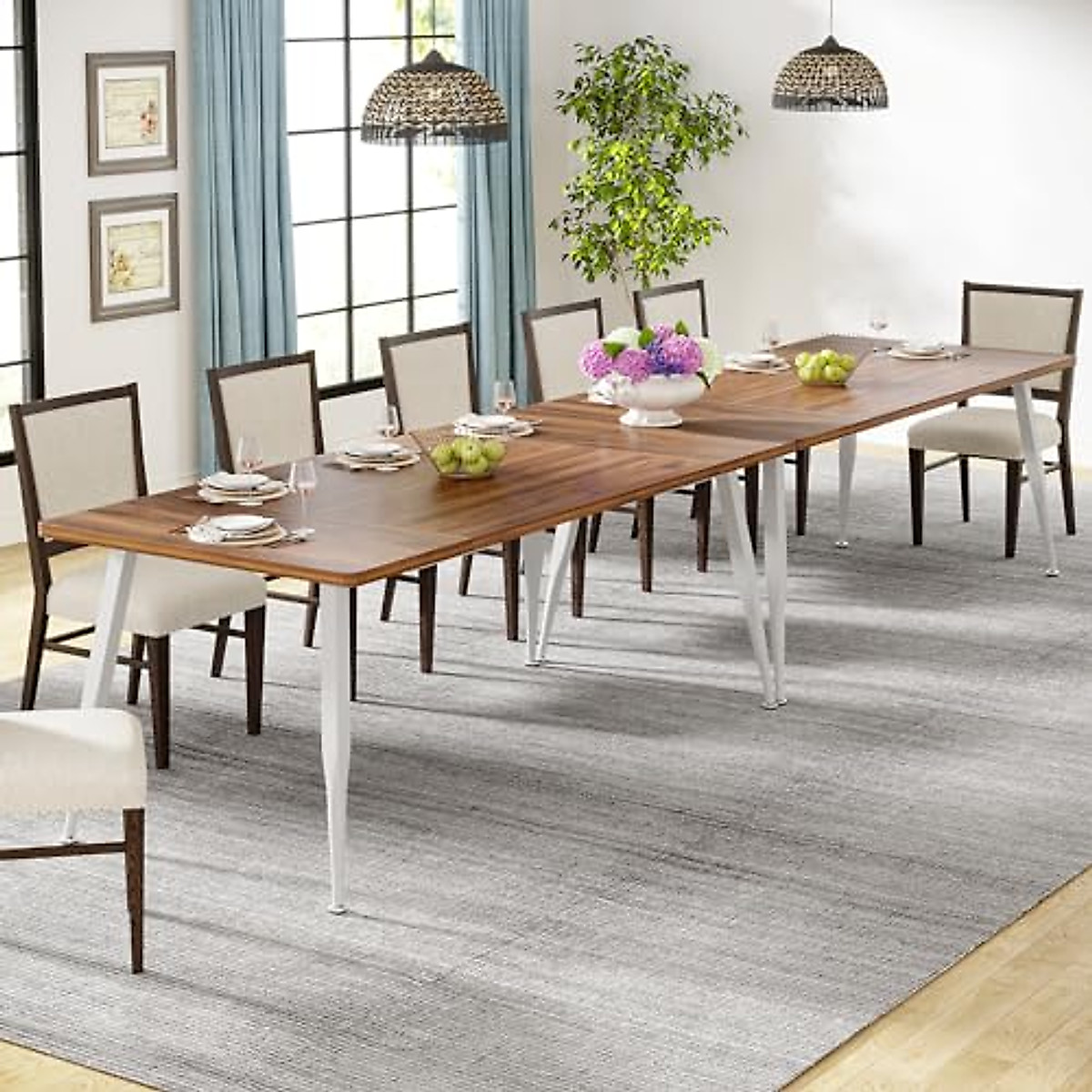 Tribesigns 70.9 Inch Large Dining Table for 6 to 8, Industrial Kitchen Table Furniture with Metal Legs, Modern Faux Wood Rectangular Dinner Table for Dining Room, Rustic Brown/White