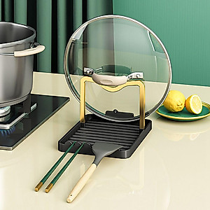 Spoon Rest For Kitchen Counter, Spoon Holder With Drip Pad For Multiple Utensils, Heat-Resistant Pot Lid Holder(white&gold)