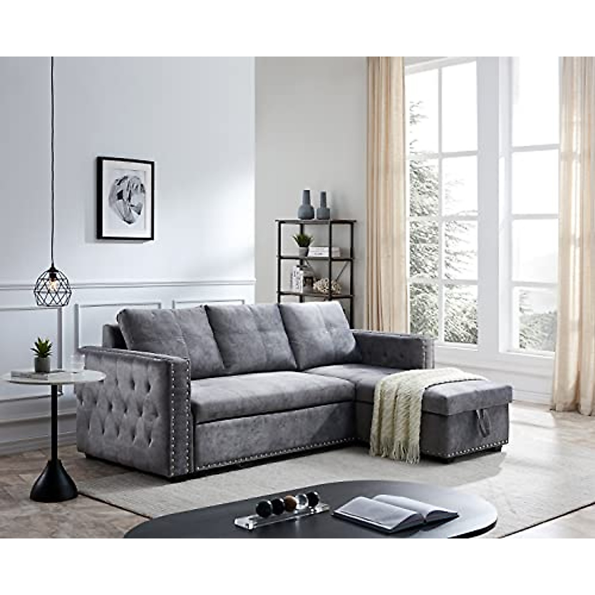 MOEO 91" Reversible Sleeper Sectional Sofa, L-Shape Corner Couch with Storage Chaise and Pulled Out Bed, Tufted Buttons Nailheaded Design for Living Room, Home, Gray