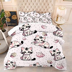 VTKON Pink Cute Cat Girls Kids Comforter Set Twin Size Soft Microfiber Cartoon Cat Quilt Set for All Season Use Perfect Room Decor of Pink Kawaii Cat Bedding for Teens with 1 Comforter 1 Pillowcase
