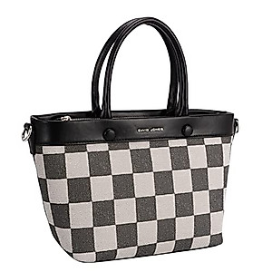 DAVID JONES Women Fashion Checker Print Structure Handbag Small Party Satchel Tote Bag with Crossbody - Black