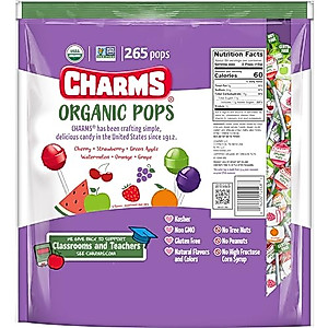 Charms Organic Pops (265 Count) – USDA Organic Fruit Candy Lollipops Made with All Natural Flavors and Ingredients – Dye-Free, Gluten- Free, Non-GMO, 3 lb Resealable Bag
