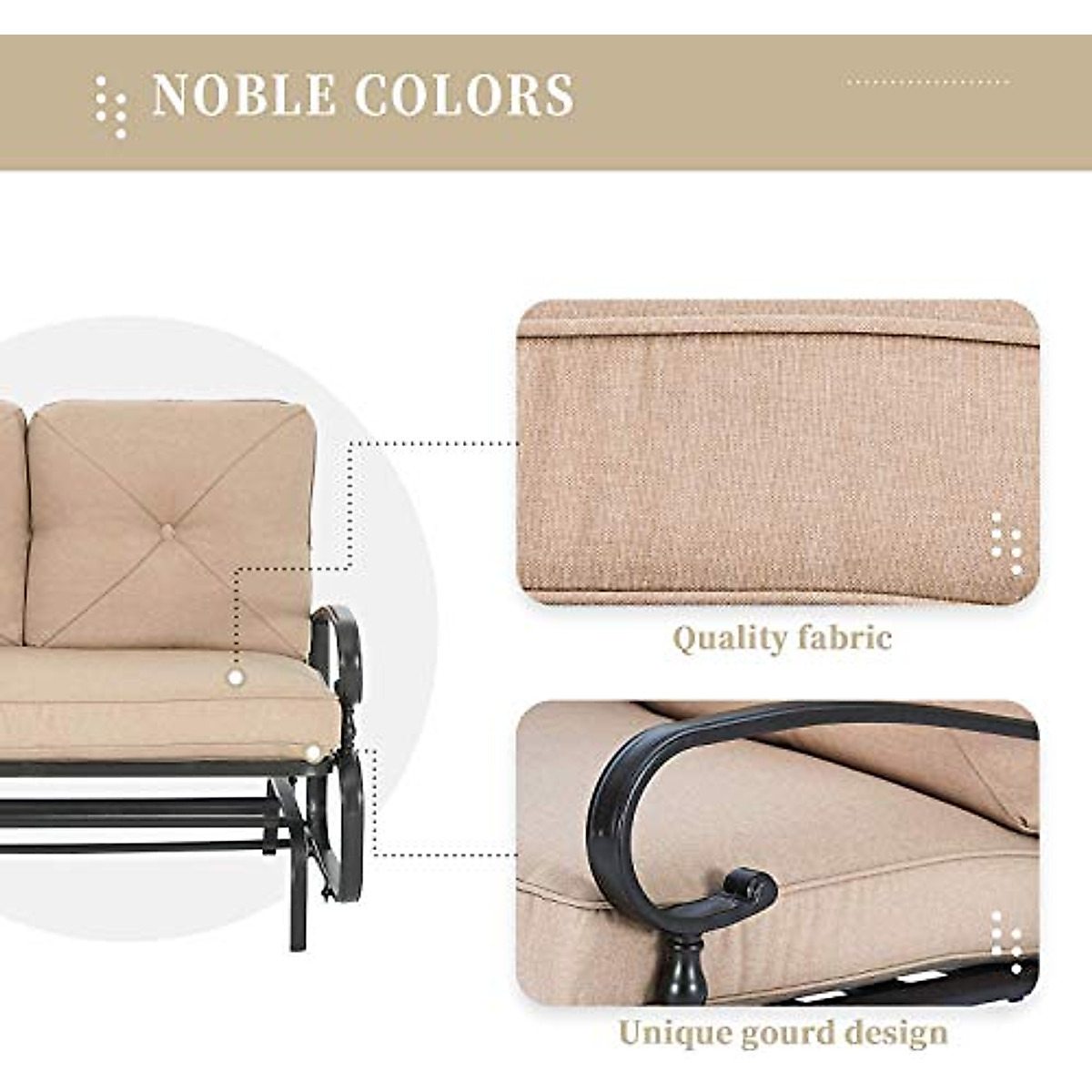 Patiomore Outdoor Loveseat Patio Swing Glider Bench 2 Seats Rocking Chair, Wrought Iron Chair Set with Brown Cushion