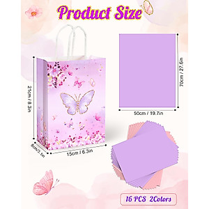 LWBDD 16 Pcs Butterfly Party Favors Gift Bags Goodie Bags, Pink Purple Treat Candy Bags; small size Paper Bags with Handles & Tissue Paper for Girls Butterfly Birthday Party Supplies Baby Shower
