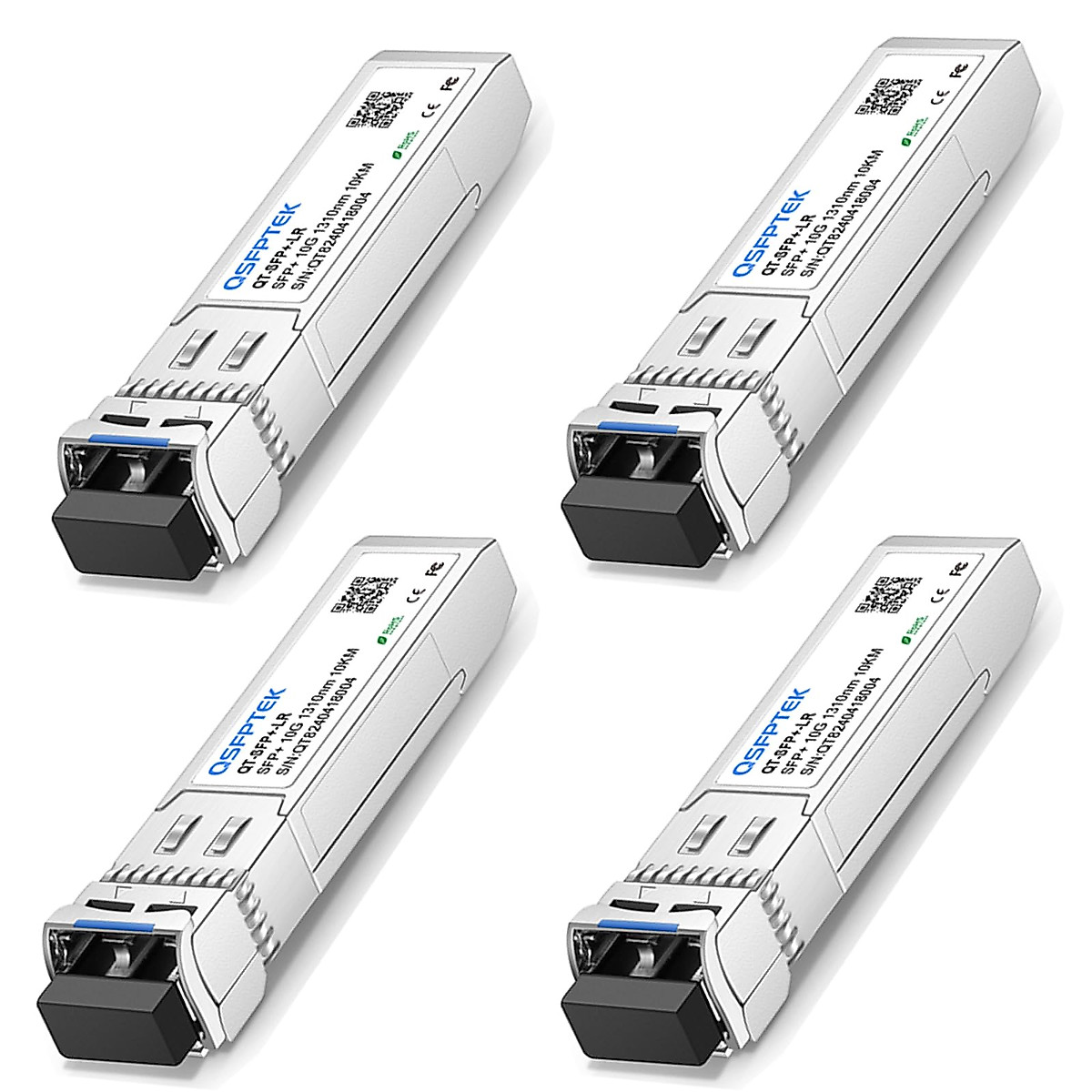 QSFPTEK 4Packs 10GBASE-LR Transceiver, 10G SFP+ Patch Module, 1310nm, 10km, DDM LC, 10Gbe Ethernet Mini-GBIC for Cisco SFP-10G-LR, Ubiquiti UF-SM-10G, Mikrotik, Netgear, Qnap NAS, D-Link