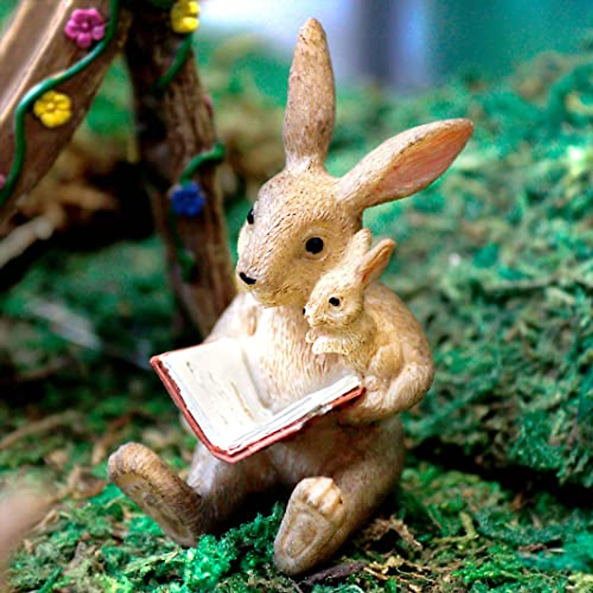 NW Wholesaler Miniature Rabbit Mama Reading Book to her Baby Bunny - Figurine for Fairy Gardens and Garden Decor