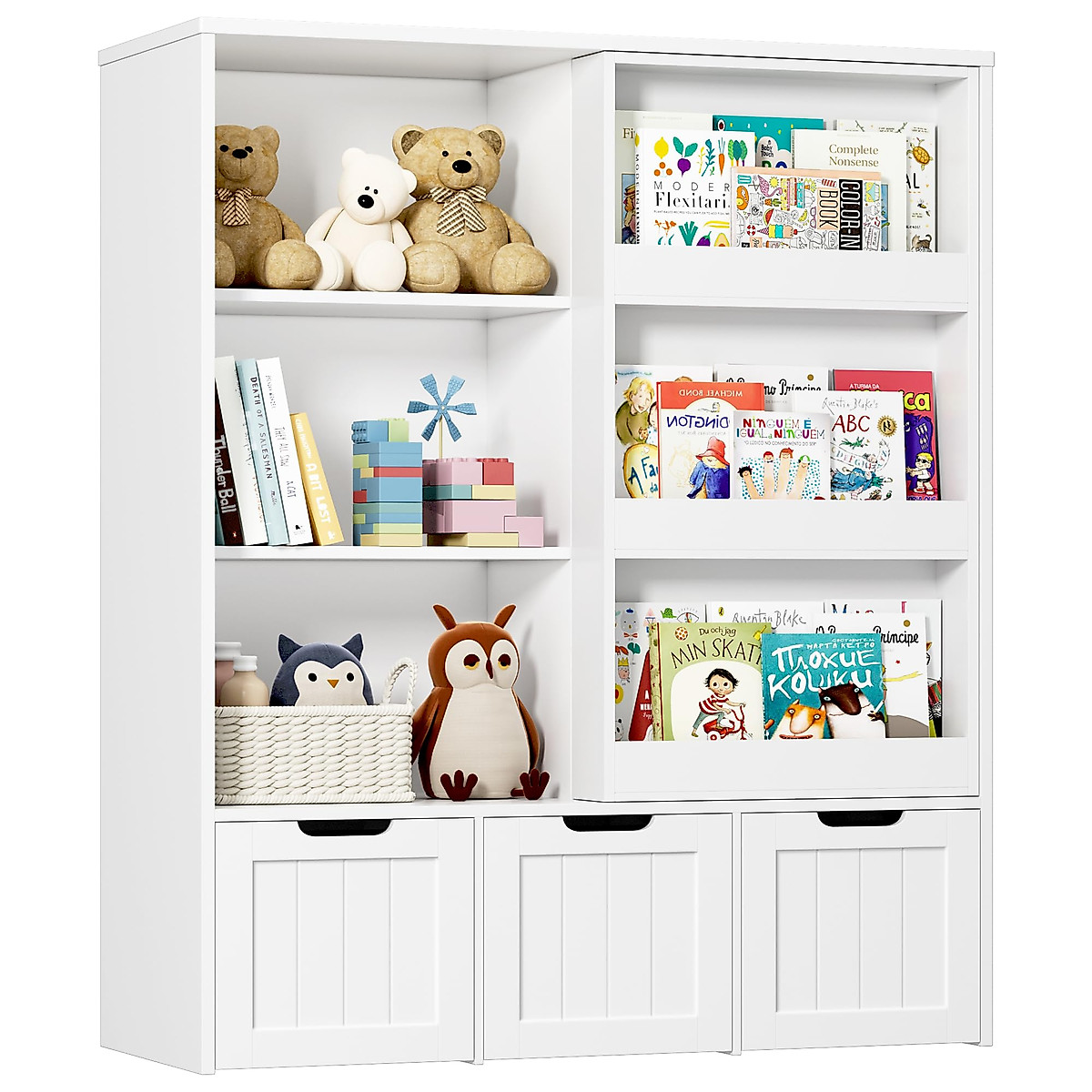 FOTOSOK Toy Storage Organizer with Sliding Book Shelf, Toy Organizers and Storage with 3 Movable Drawers and 6 Storage Cubbies, Playroom Organization and Storage Kids Bookshelf for Playroom, Bedroom