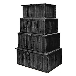 Storagether Wicker Basket With Lid Bamboo Storage Box for Shelf Bamboo Decor Storage Boxes With Lids-Rectangle Decorative Basket With Lid Organizer for Bedroom,Living Room (Set of 4,black)