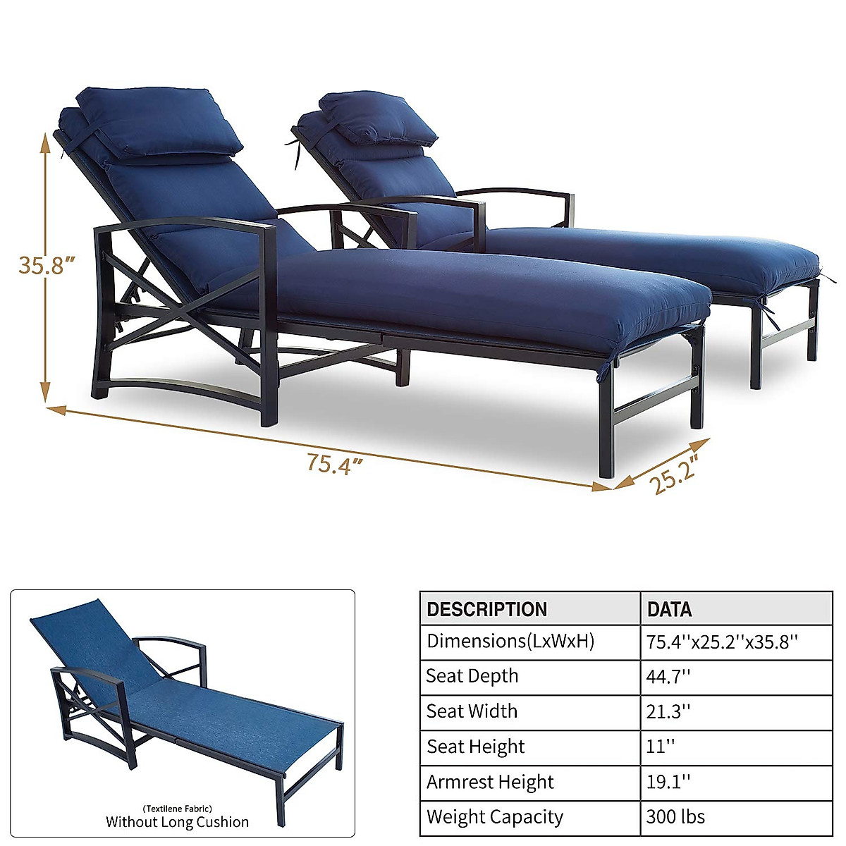 PatioFestival Patio Chaise Lounge Outdoor Adjustable Back Cushioned Chairs All Weather Steel Frame Lounger with Blue Pillow(2Pcs)