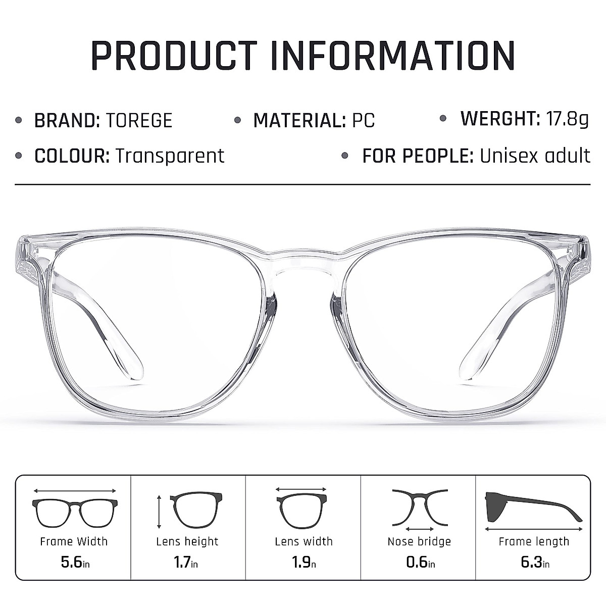 TOREGE Eye Protection Glasses,Fashionable Safety Glasses With Clear No Fog Lenses,Great Safety Goggles For Men&Women(Transparent White&Clear Lens)