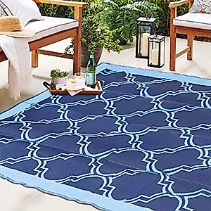 SAND MINE Reversible Mats, Plastic Straw Rug, Modern Area Rug, Large Floor Mat and Rug for Outdoors, RV, Patio, Backyard, Deck, Picnic, Beach, Trailer, Camping (5' x 8', Blue Quatrefoil)