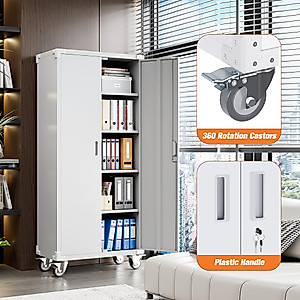 Aobabo Metal Storage Cabinet with Wheels,Heavy Duty Office Storage Cabinet with Lock,Steel Cabinet with 2 Doors and 4 Adjustable Shelves for Office Home School Storage,Required-Assembly White